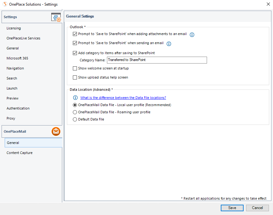 OnePlaceMail General settings